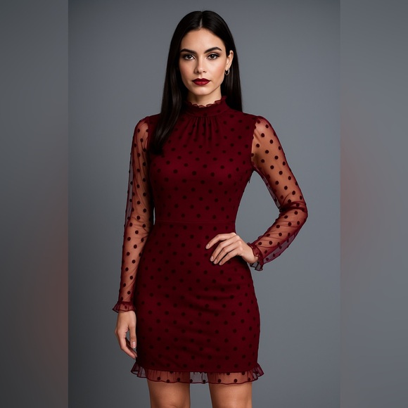 Dresses | Wine Red Sheer Polka Dot Mesh Sleeve Mini Dress High Neck ...